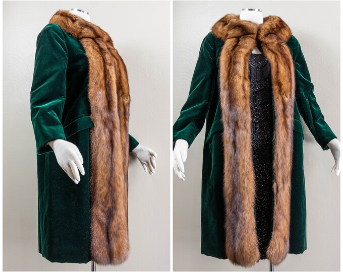 Gorgeous 60s Green Velvet Dress Coat With Chestnut Brown Fox Fur Trim ...