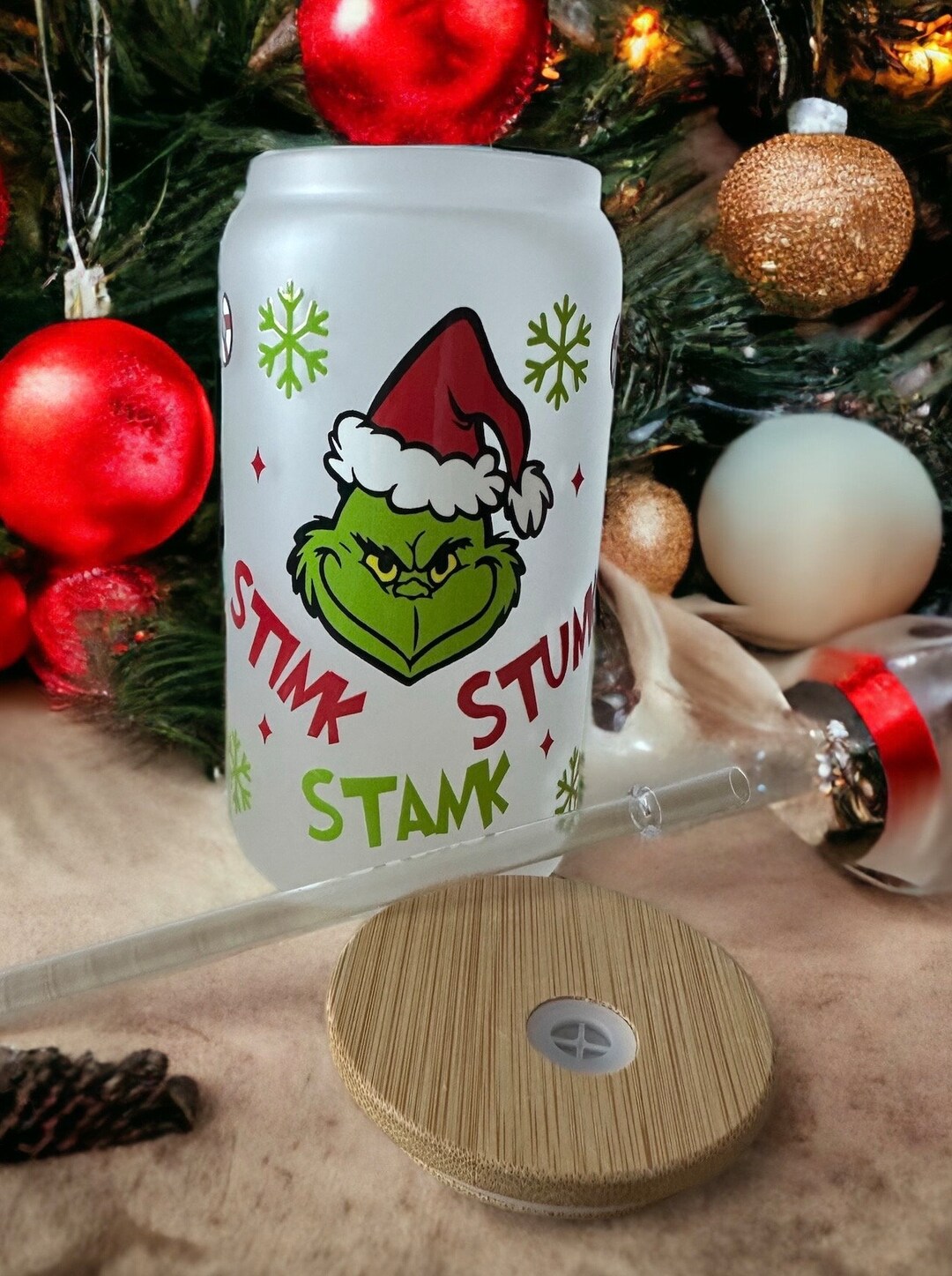 Grinch Stink Stunk Stank 16oz Glass Tumbler With Bamboo Lid - Etsy