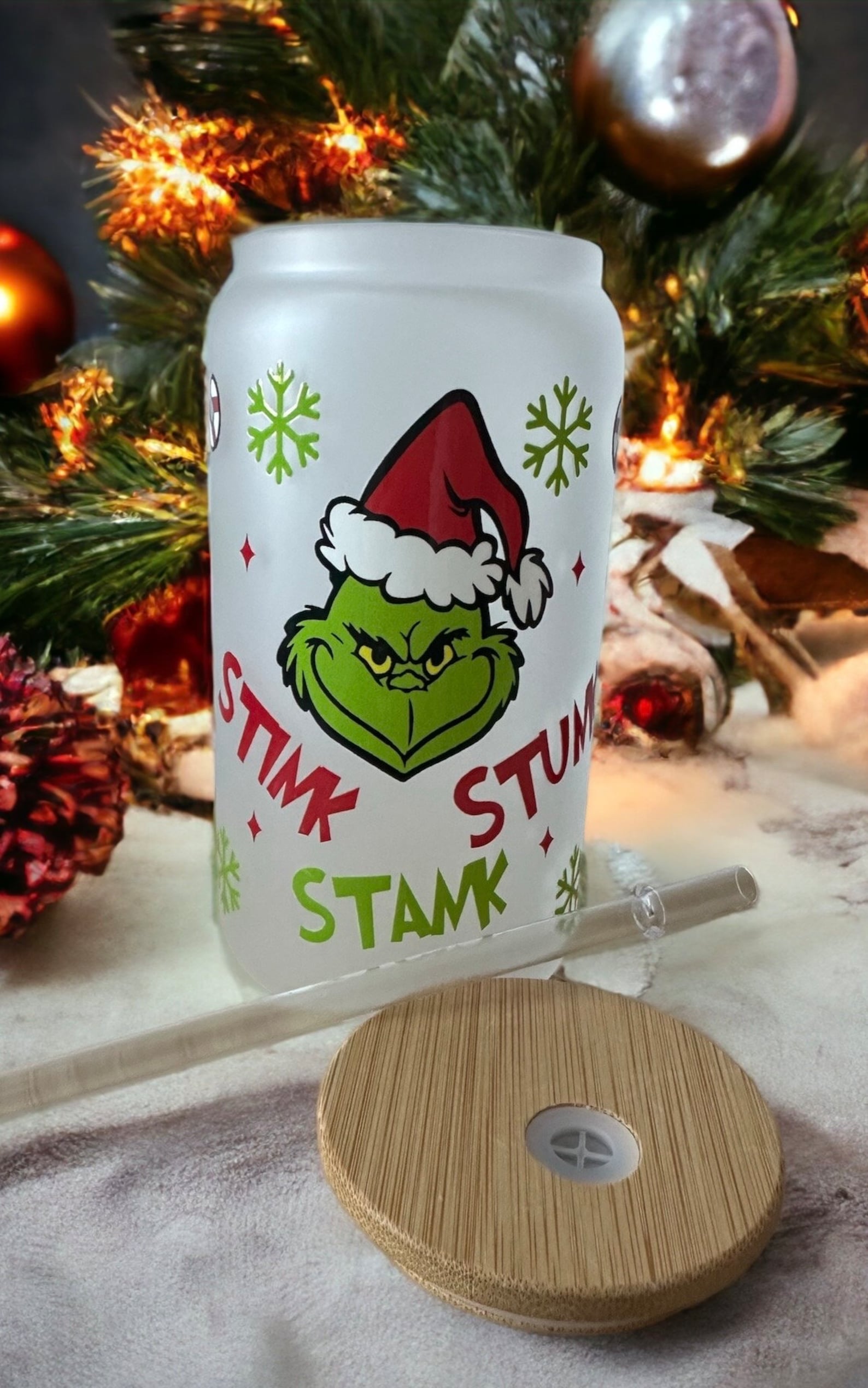 Grinch Stink Stunk Stank 16oz Glass Tumbler With Bamboo Lid - Etsy