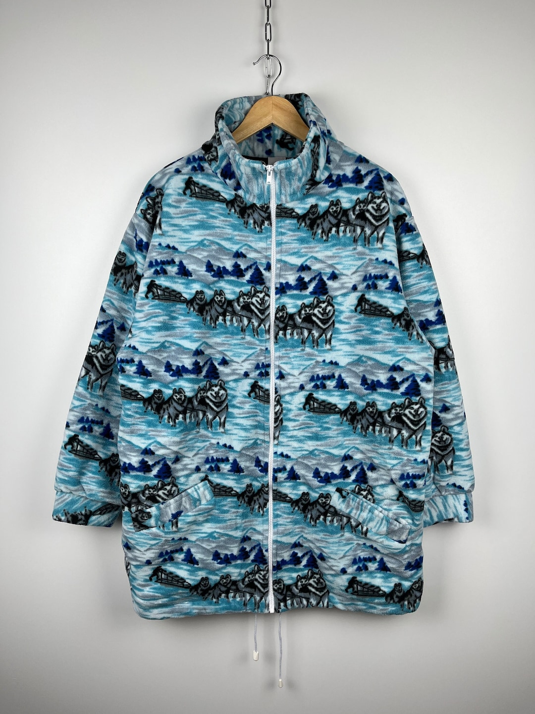 Vintage Husky Mountain Winter Pattern Ski Skiing Full Zip Fleece Jacket ...