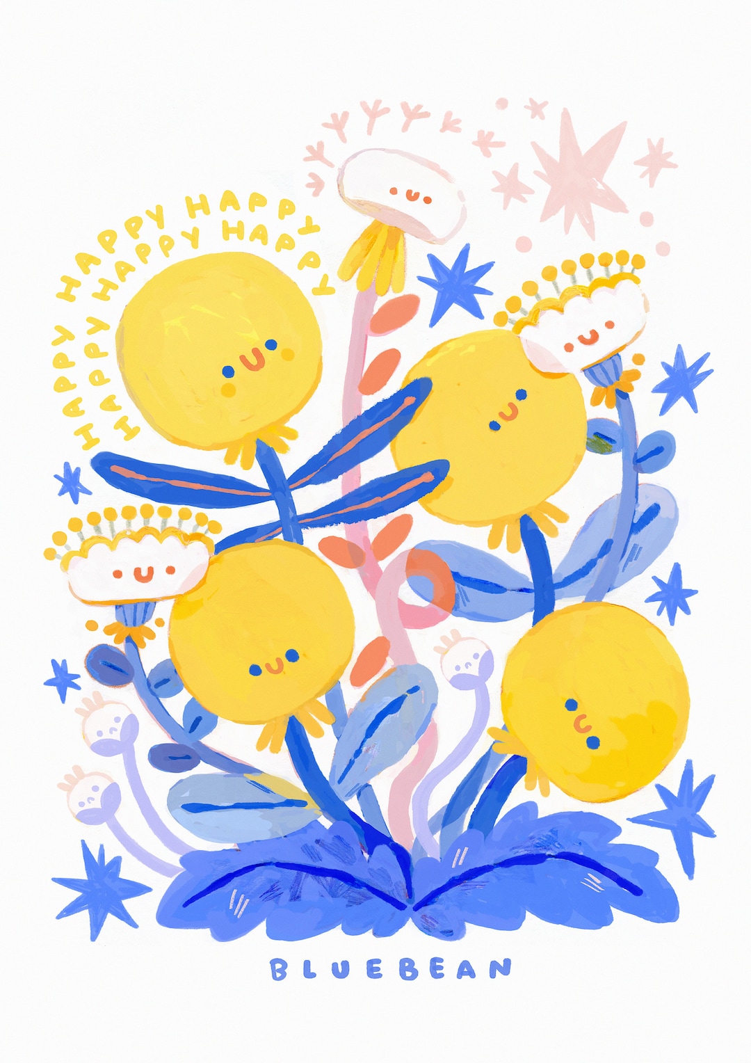 Bluebean Happy Dandelion Illustration Art - Etsy