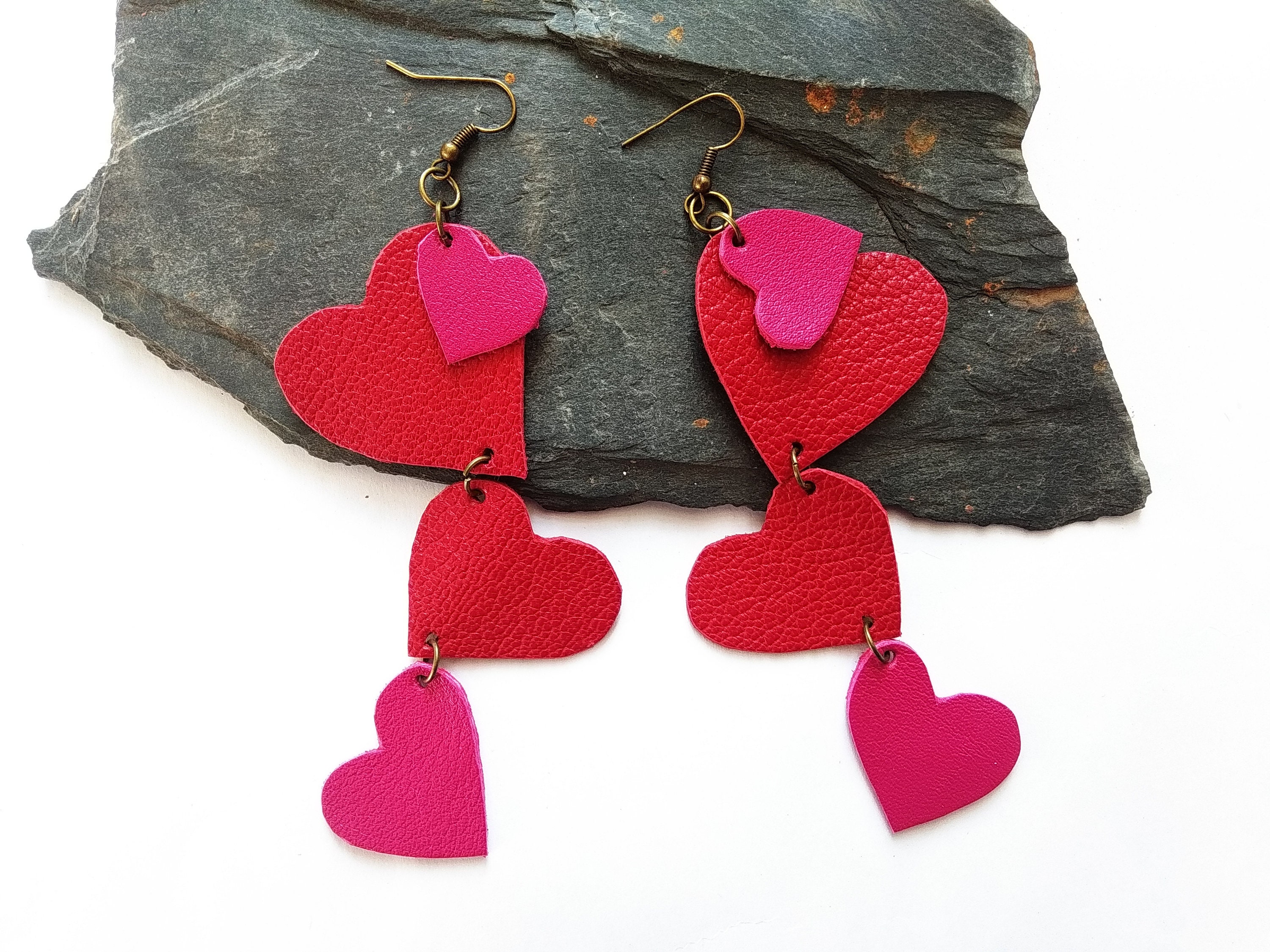 Heart Earrings Dangle, Valentine's Red Heart Earrings, Drop Fuchsia ...