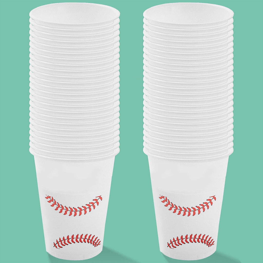 Baseball Party Disposable Plastic Cups With Red Stitching, 12 Ounce ...