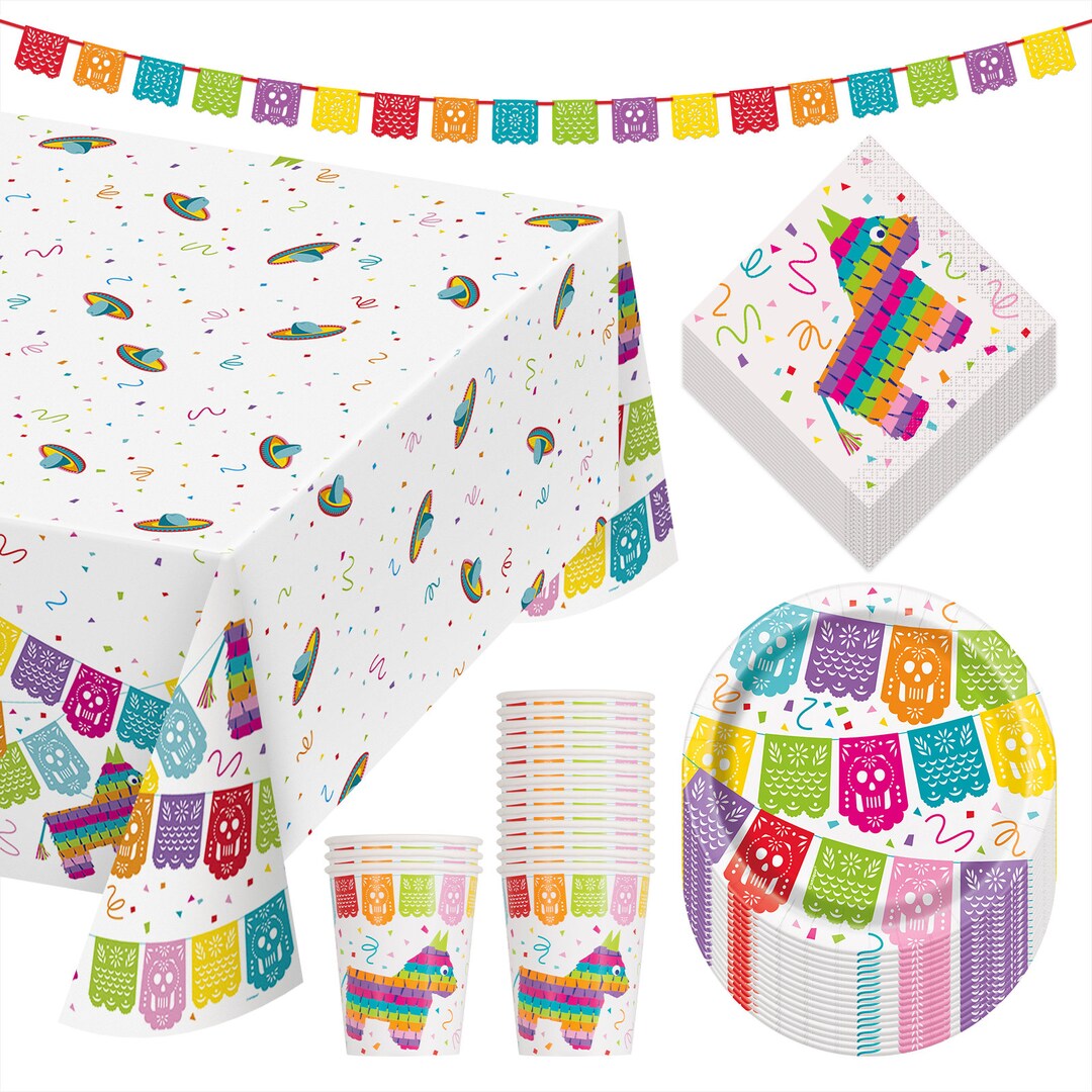 Mexican Fiesta Party Pinata Paper Dessert Plates, Napkins, Cups, Table ...