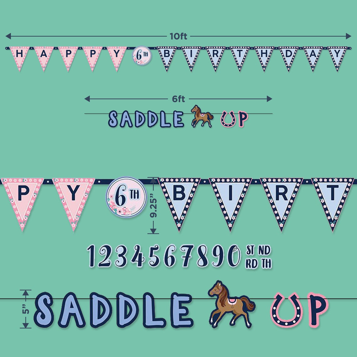 Saddle up Party Happy Birthday Letter Banner and Horse Garland Set, 10 ...