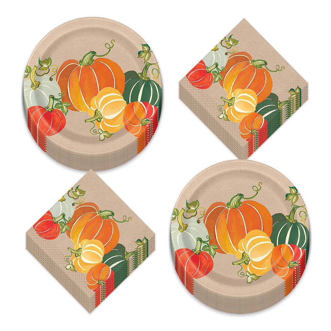 Colorful Fall Pumpkins Paper Dessert Plates and Beverage Napkins in ...