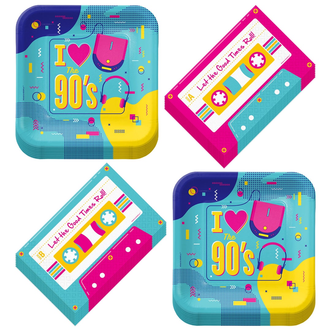90's Party Supplies - 90's Decade Icons Square Paper Dessert Plates and ...