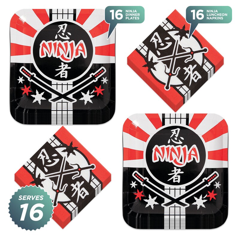 Ninja Warrior Party Square Paper Dinner Plates and Lunch Napkins ...