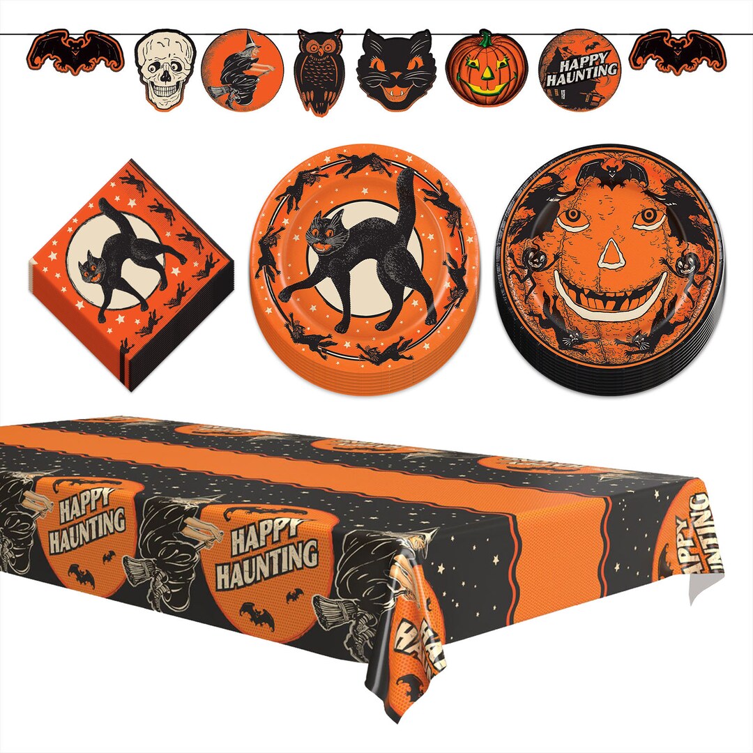 Vintage Halloween Party Pack Spooky Black Cat Paper Dinner Plates ...