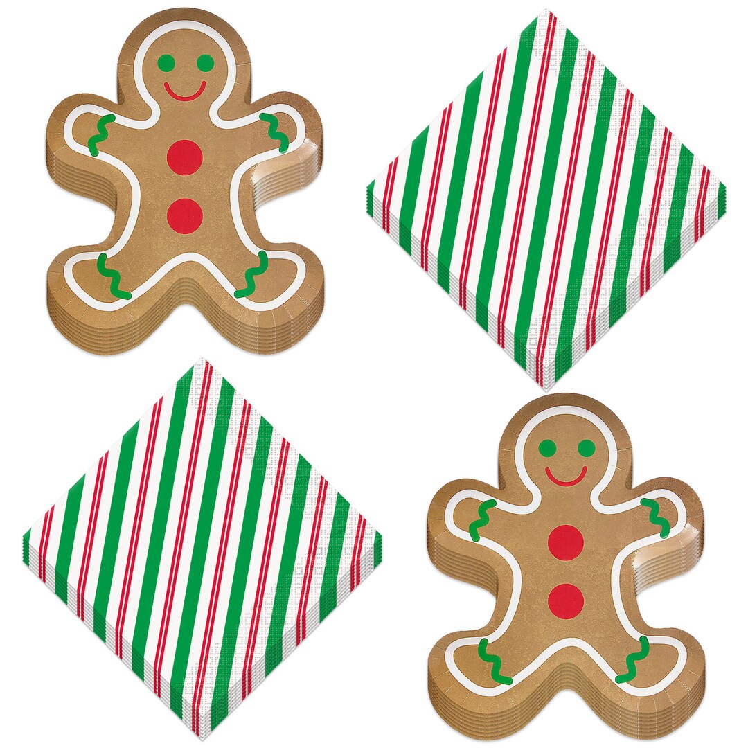 Christmas Party Gingerbread Man Shaped Paper Dessert Plates and Napkins ...