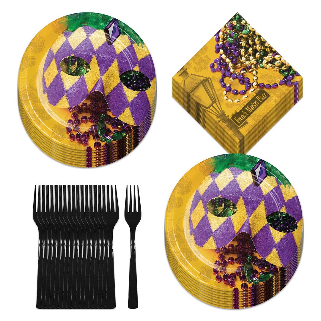 Masks of Mardi Gras Paper Dessert Plates, Napkins, and Forks serves 16 ...