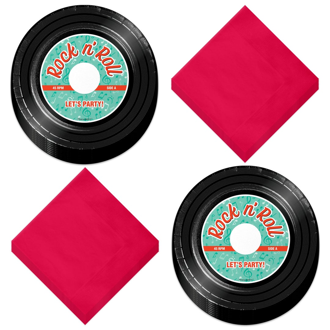 Record Themed Dessert Paper Plates and Solid Red Beverage Napkins, 50's ...