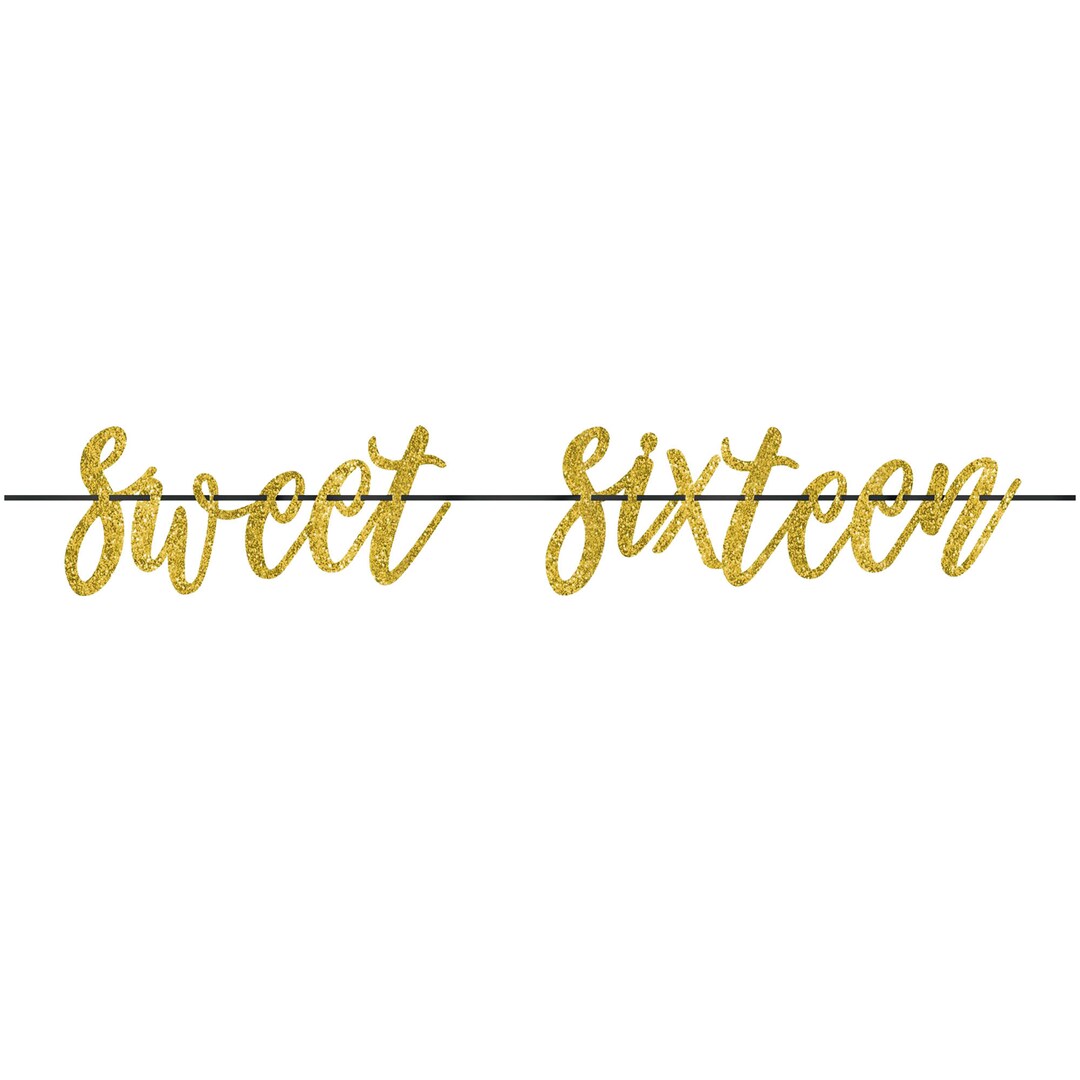 Gold Glitter Sweet Sixteen 16th Birthday Party Script Letter Banner ...