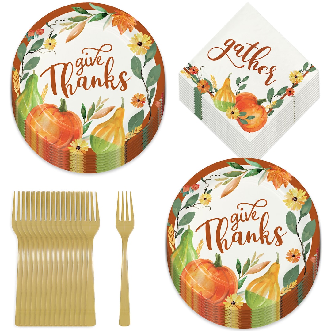 Giving Thanks Colorful Harvest Paper Dinner Plates, Napkins, and Forks ...