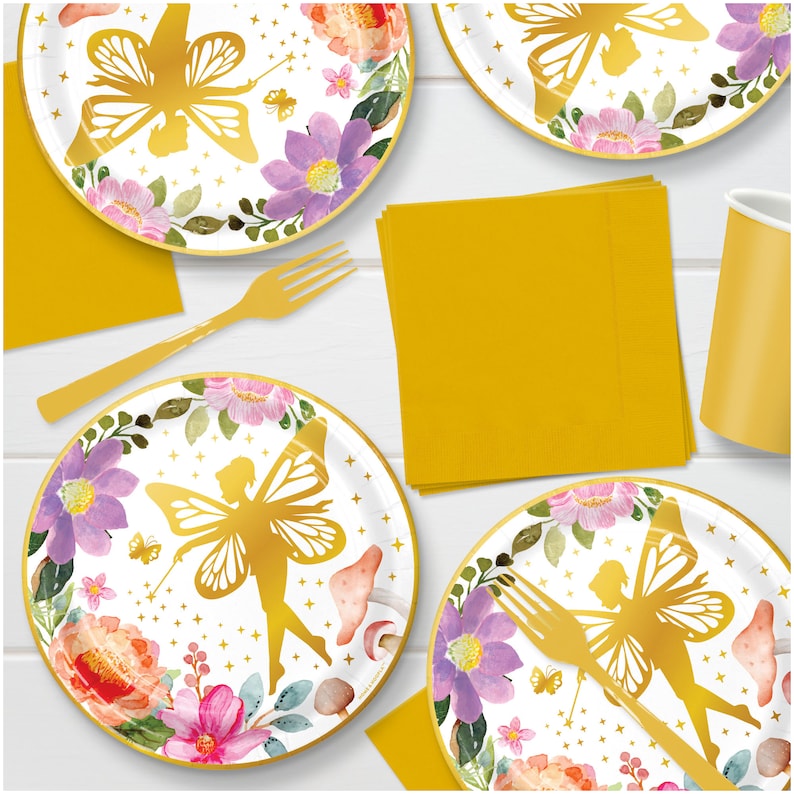 Fairy Party Supplies - Enchanted Floral Metallic Gold Fairy Round Paper ...