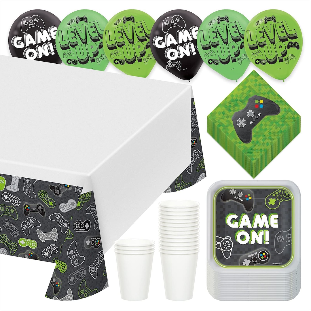Video Game Party Level up Gamer Paper Dessert Plates, Napkins, Cups ...