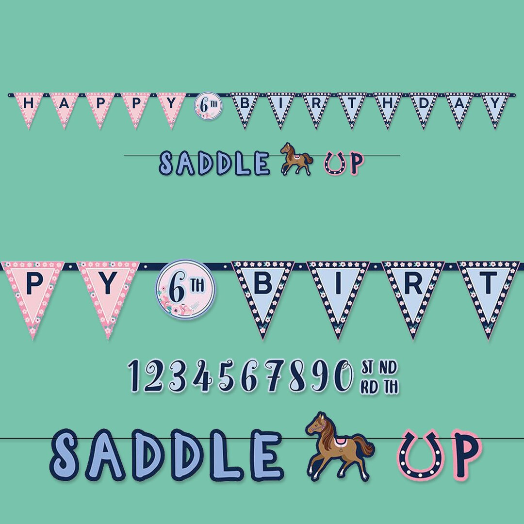Saddle up Party Happy Birthday Letter Banner and Horse Garland Set, 10 ...
