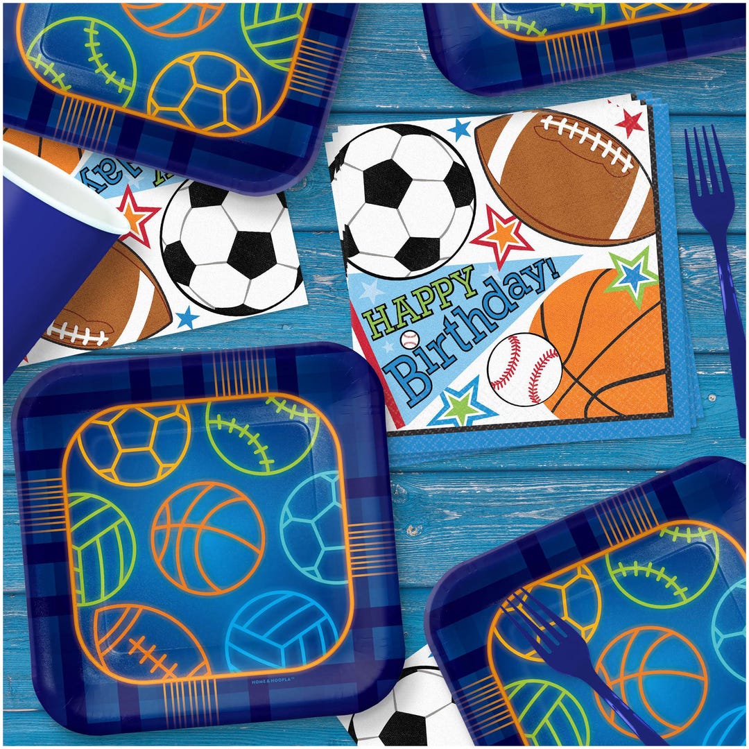 Birthday Baller Multi Sports Party Blue Square Paper Dessert Plates and ...