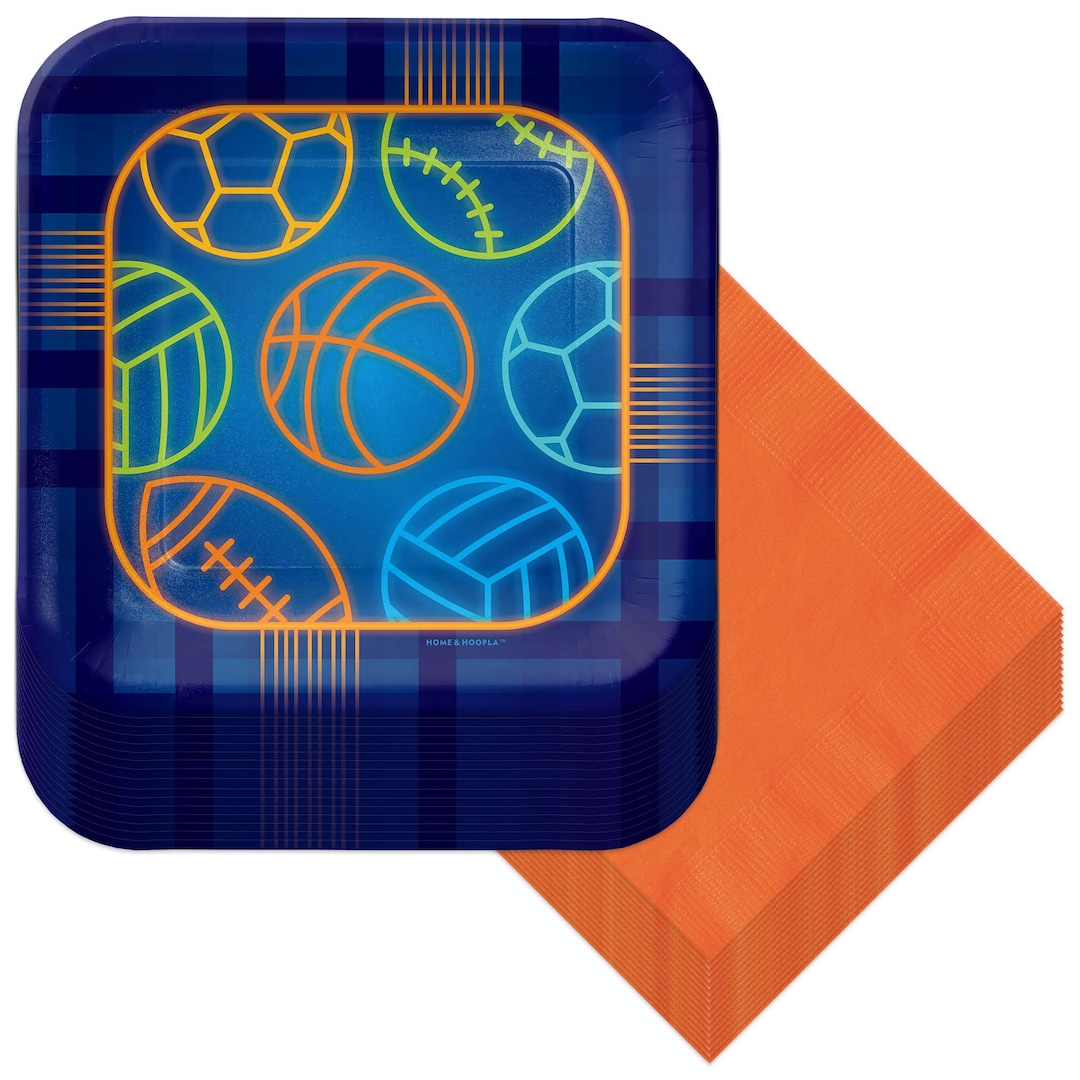 Birthday Baller Multi Sports Party Blue Square Paper Dessert Plates and ...