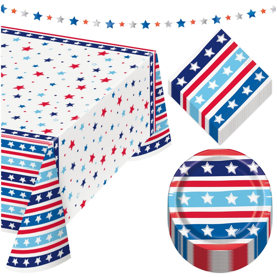 Patriotic Stars & Stripes Paper Dessert Plates, Napkins, Table Cover ...