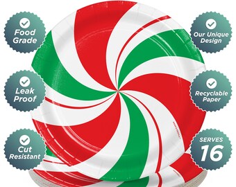 Peppermint Party Supplies Red Green Candy Swirls Round Paper Dessert Plates for 16 Guests Etsy