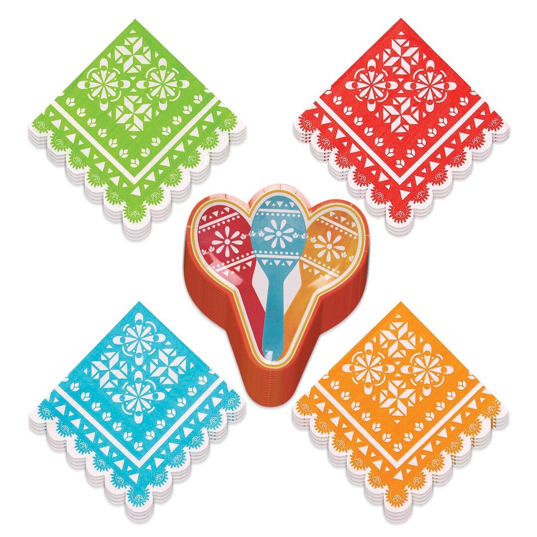 Fiesta Party Maraca Shaped Paper Dessert Plates and Colorful Beverage ...