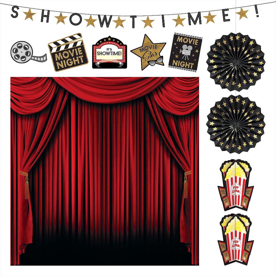 Movie Party Supplies - Movie Night Decorating Kit and Red Curtain ...