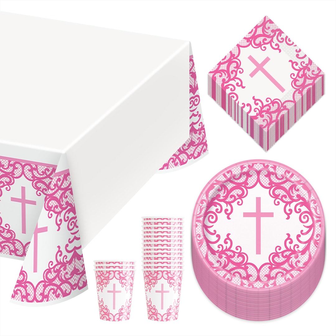 Fancy Pink Religious Cross Dinner Party Pack - Paper Plates, Luncheon ...