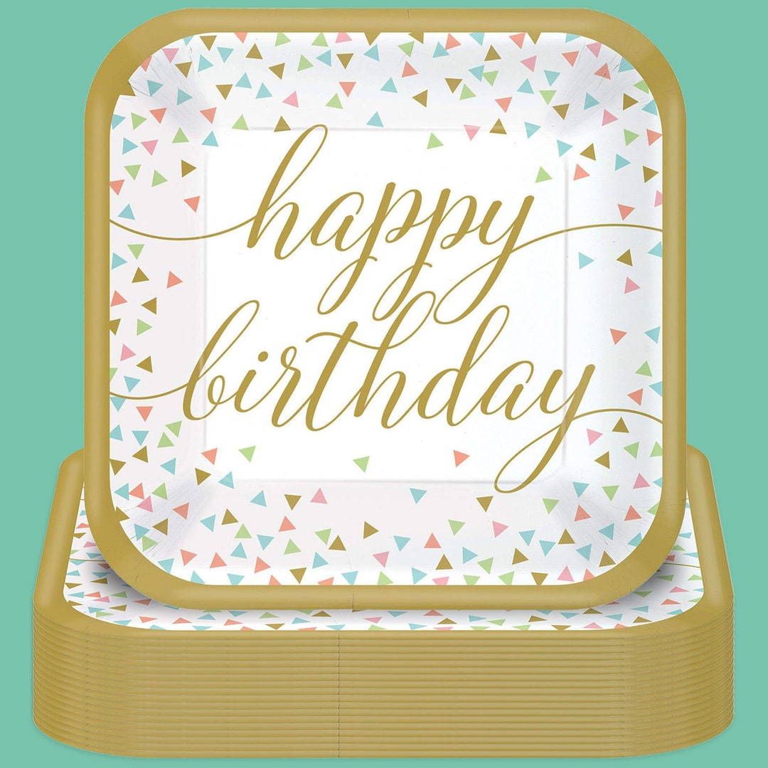 Happy Birthday Confetti & Gold Square Paper Dinner Plates, 18 Count - Etsy
