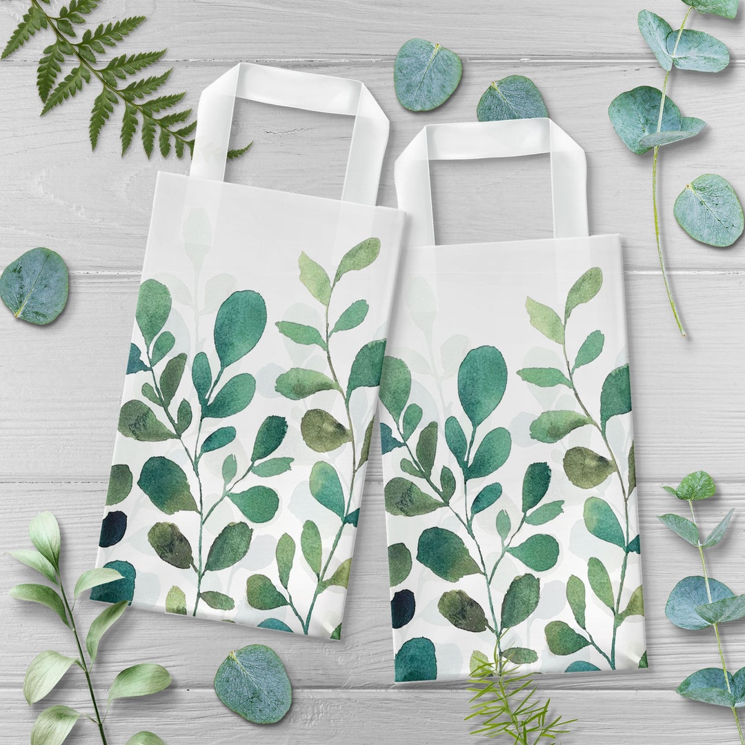 Spring Greenery Watercolor Green Leaf Plastic Gift Bags and Party Favor ...