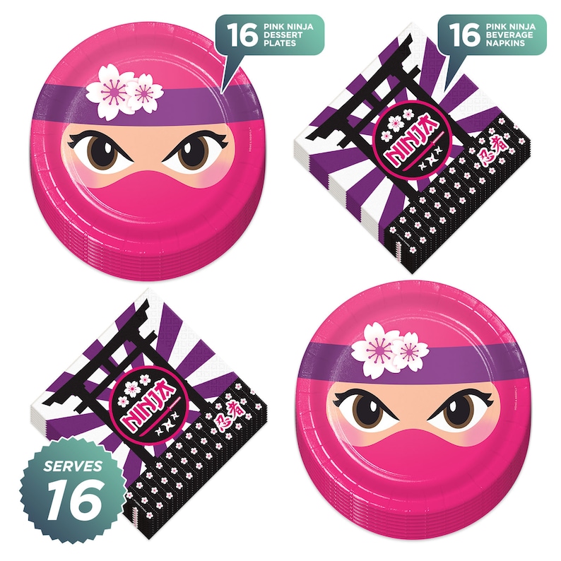 Pink Ninja Party Supplies - Ninja Girl Paper Dessert Plates and Ninja ...