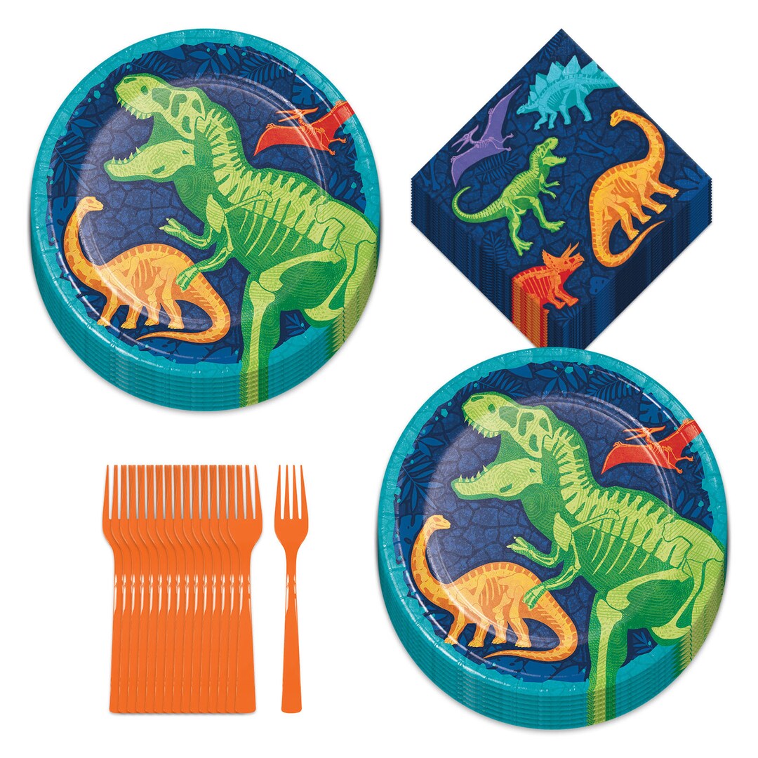 Dinosaur Party Neon Dino Dig Paper Dinner Plates, Napkins, and Forks ...