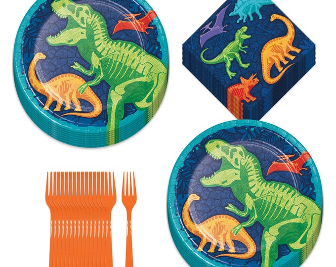 Dinosaur Party Neon Dino Dig Paper Dinner Plates, Napkins, and Forks ...