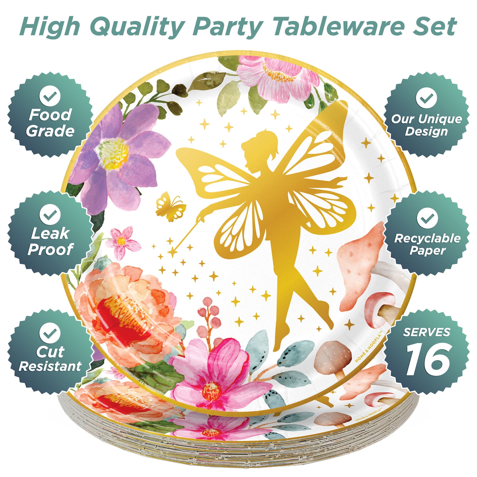 Fairy Party Supplies - Enchanted Floral Metallic Gold Fairy Round Paper ...