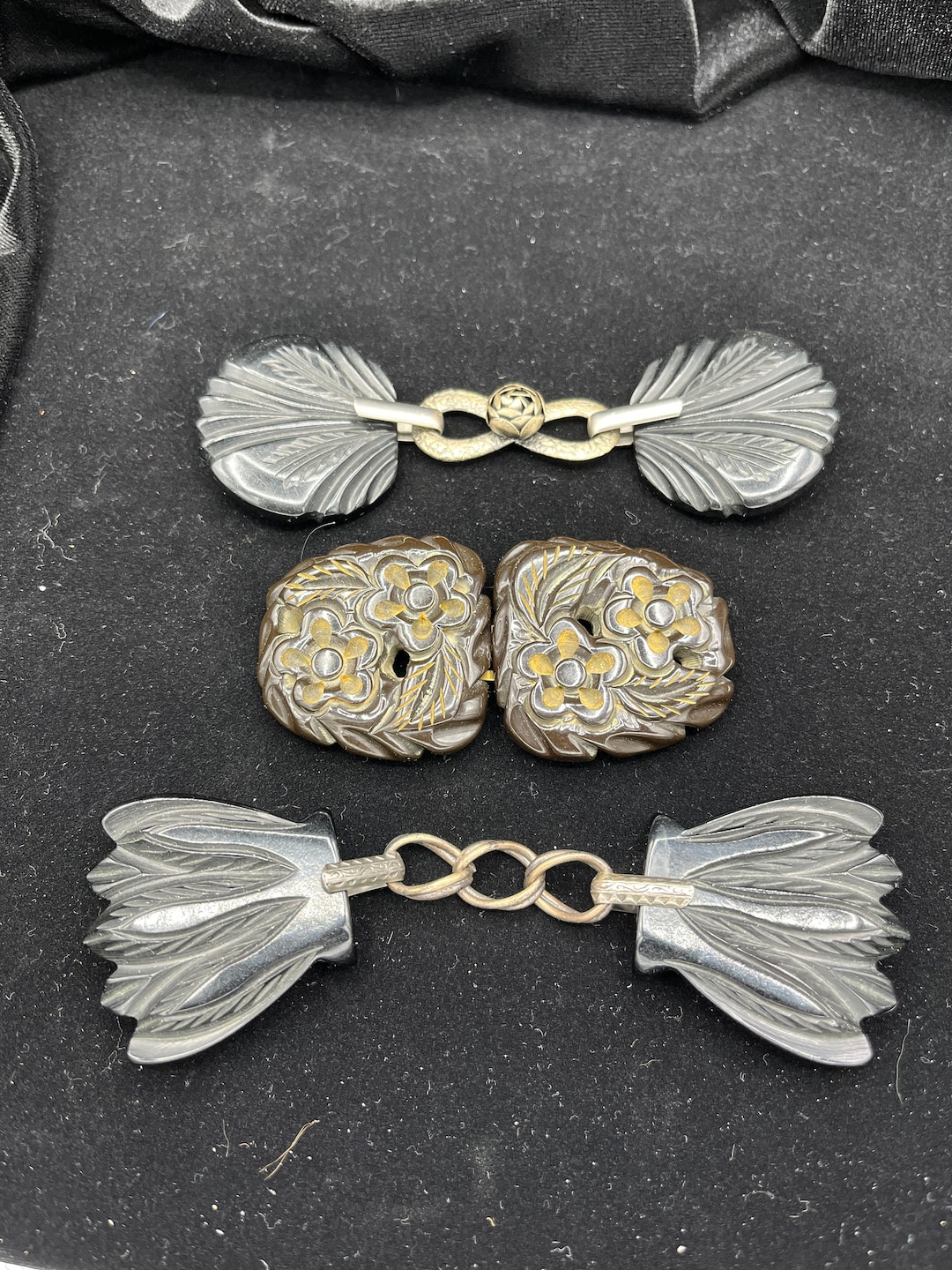 Three Black Bakelite Sweater/coat Clasps or Clips. Highly Carved and ...