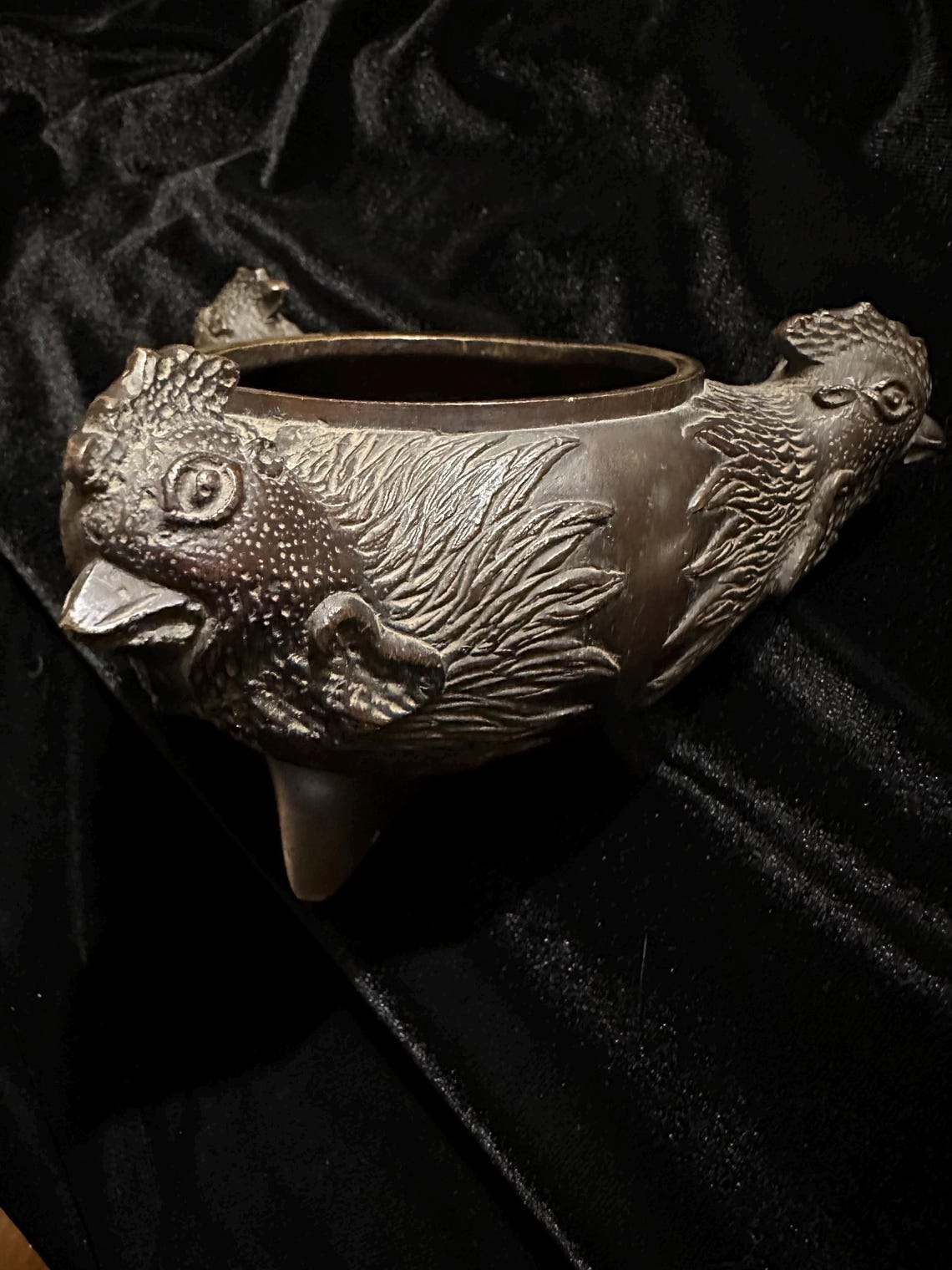 Vintage Bronze Bowl: Three-legged Rooster Design - Etsy