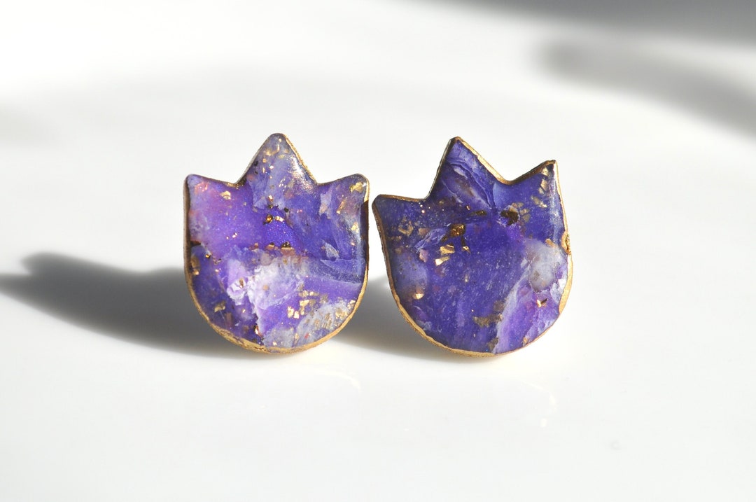 Purple Gold Faux Amethyst Stone Flower Stud Earrings - Polymer Clay ...