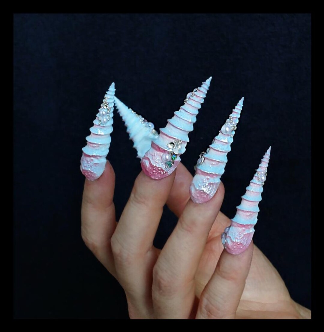Seashell Costume Press-on Nails, Mermaid Glam, Blue and Pink Sfx Nails ...