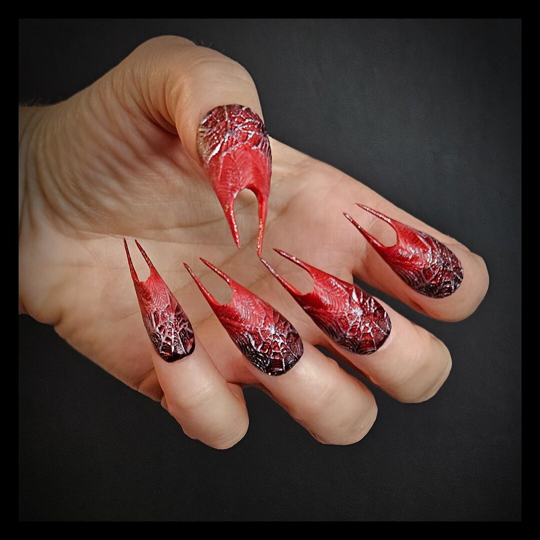 Halloween Fang Long Claws, Red and Black Ombre Spiderweb Nail Talons ...