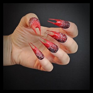Halloween Fang Long Claws, Red and Black Ombre Spiderweb Nail Talons ...