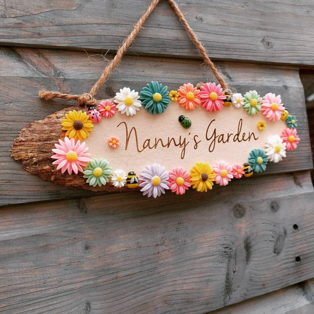 Personalised Floral Garden Sign, Engraved Wooden Log Decor Hung With ...