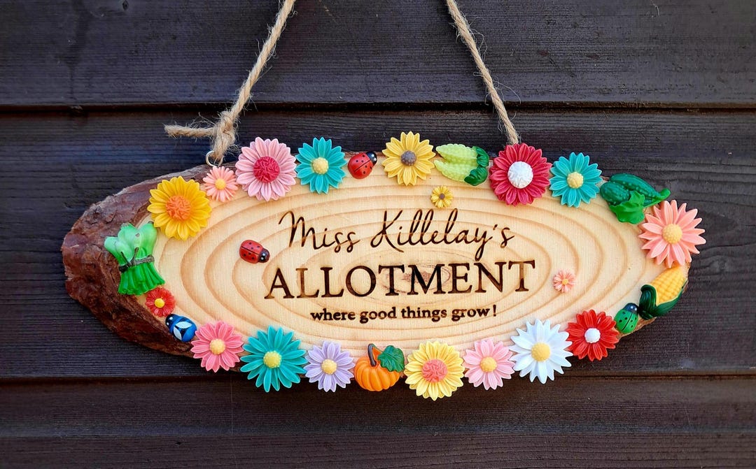 Personalised Allotment Sign, Floral Engraved Wooden Garden Shed Decor ...