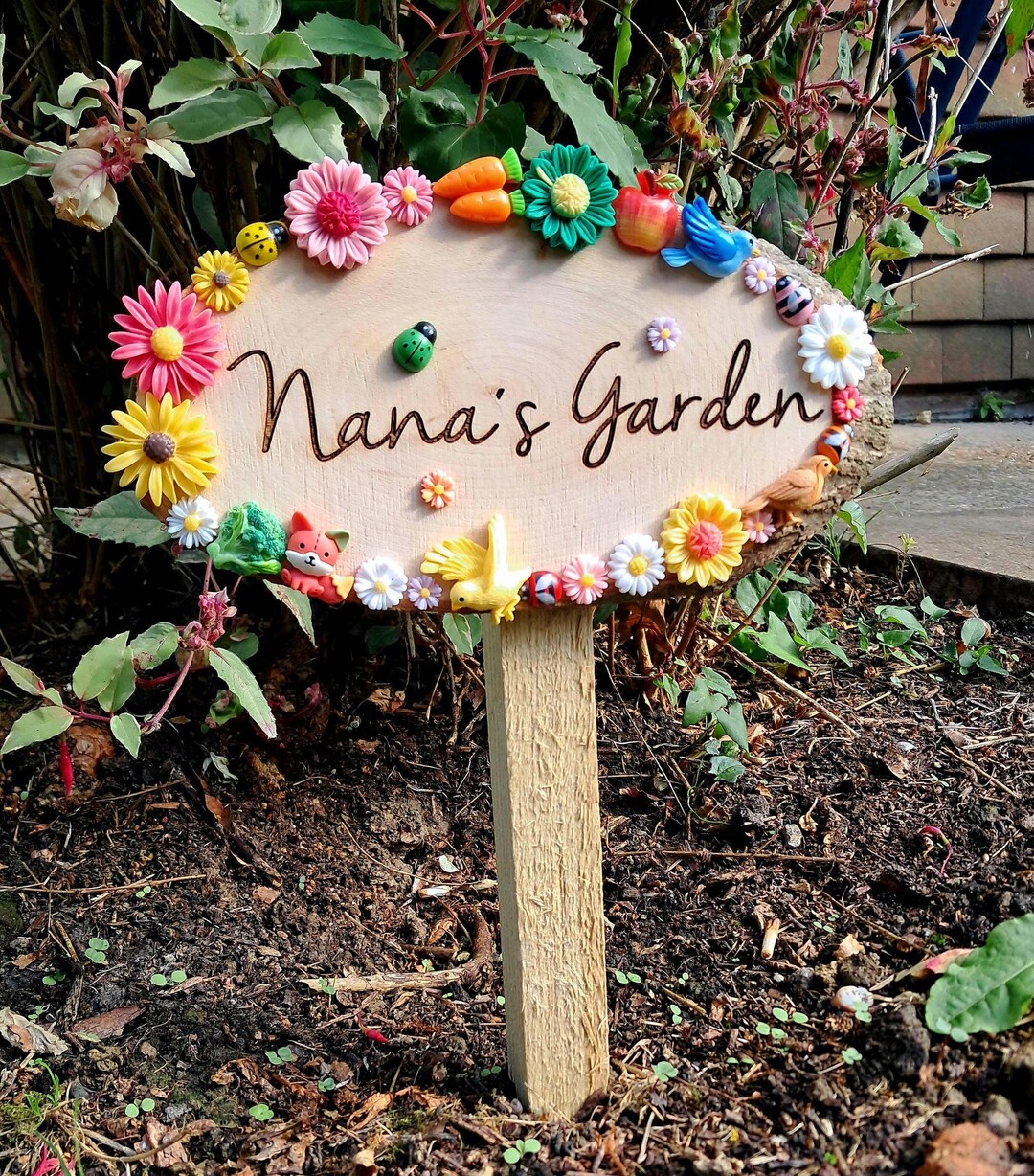 Personalised Custom Garden Sign Wooden Stake Embellished With Flowers ...