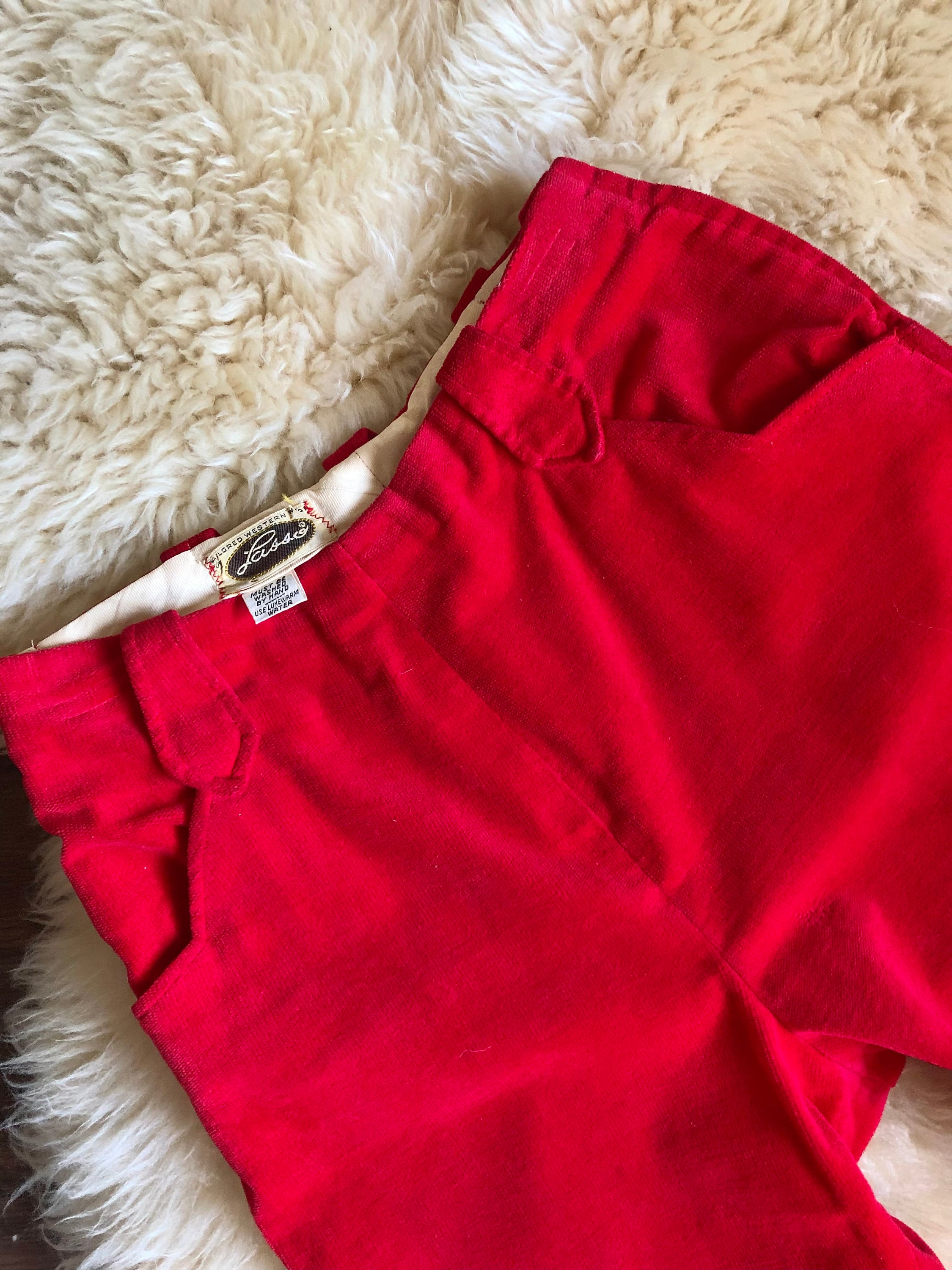 60s/70s Fancy Western Yoke Red Velvet Ranch Pants from Lasso | 26” waist