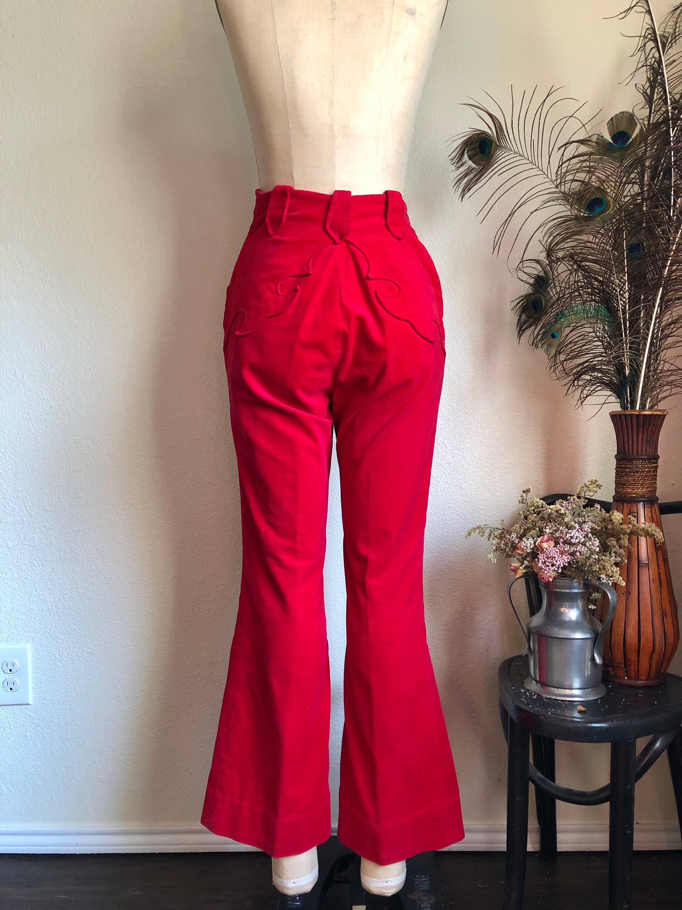 60s/70s Fancy Western Yoke Red Velvet Ranch Pants from Lasso | 26” waist