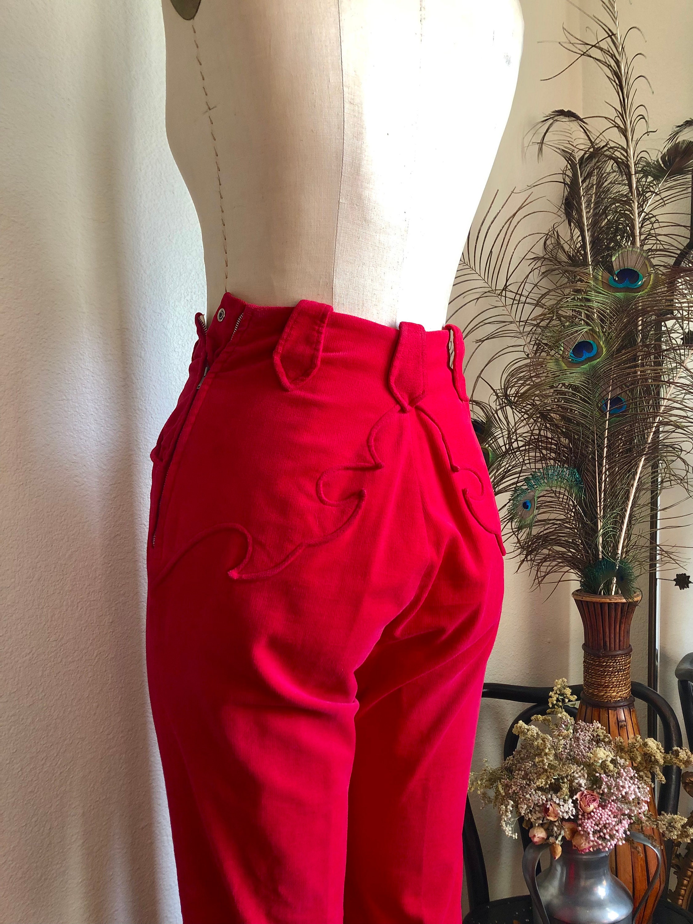 60s/70s Fancy Western Yoke Red Velvet Ranch Pants from Lasso | 26” waist