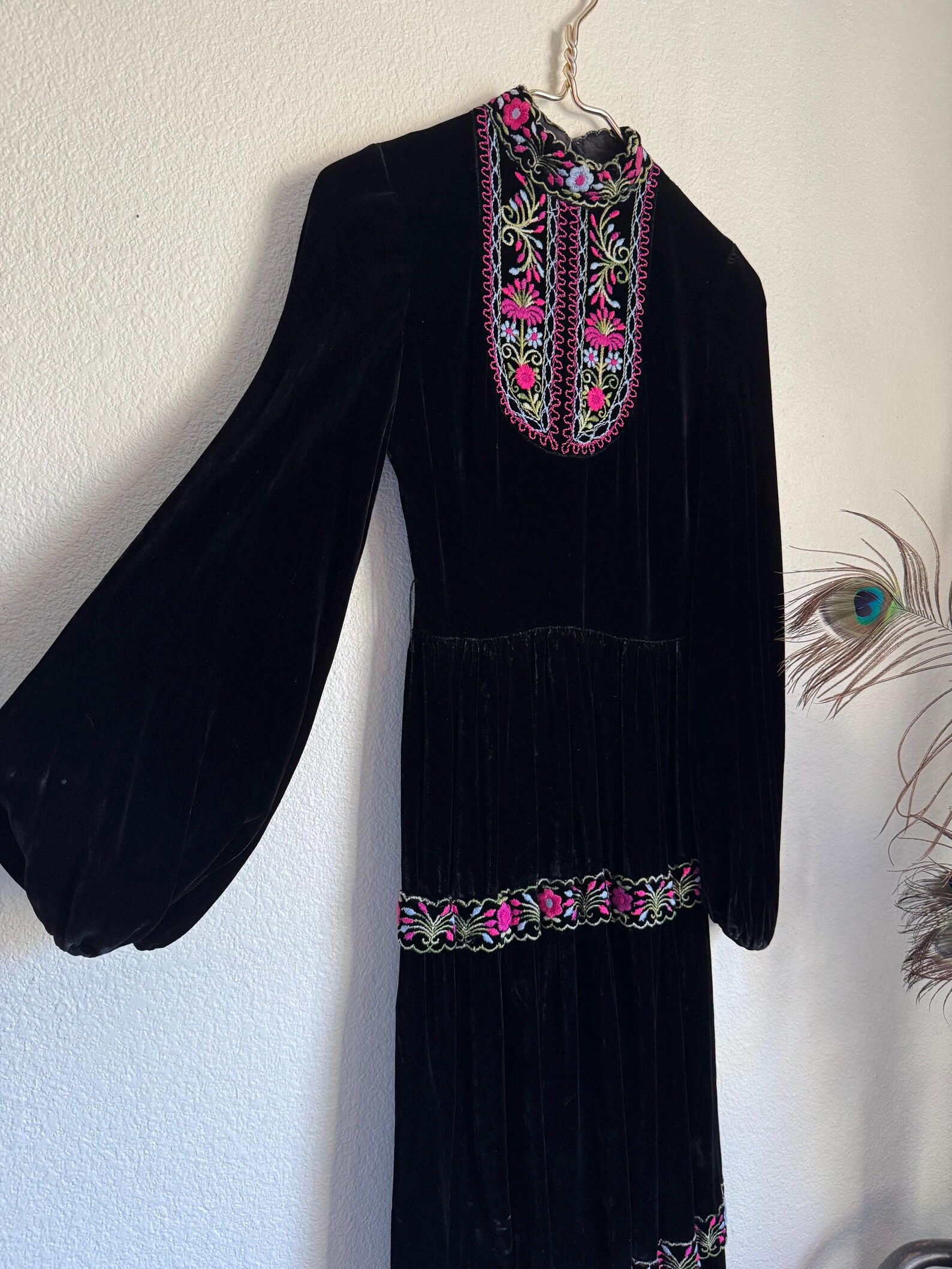 1970s Vintage Romantica by Victor Costa Velvet Embroidered Maxi Dress With Bishop Puff Sleeves ...