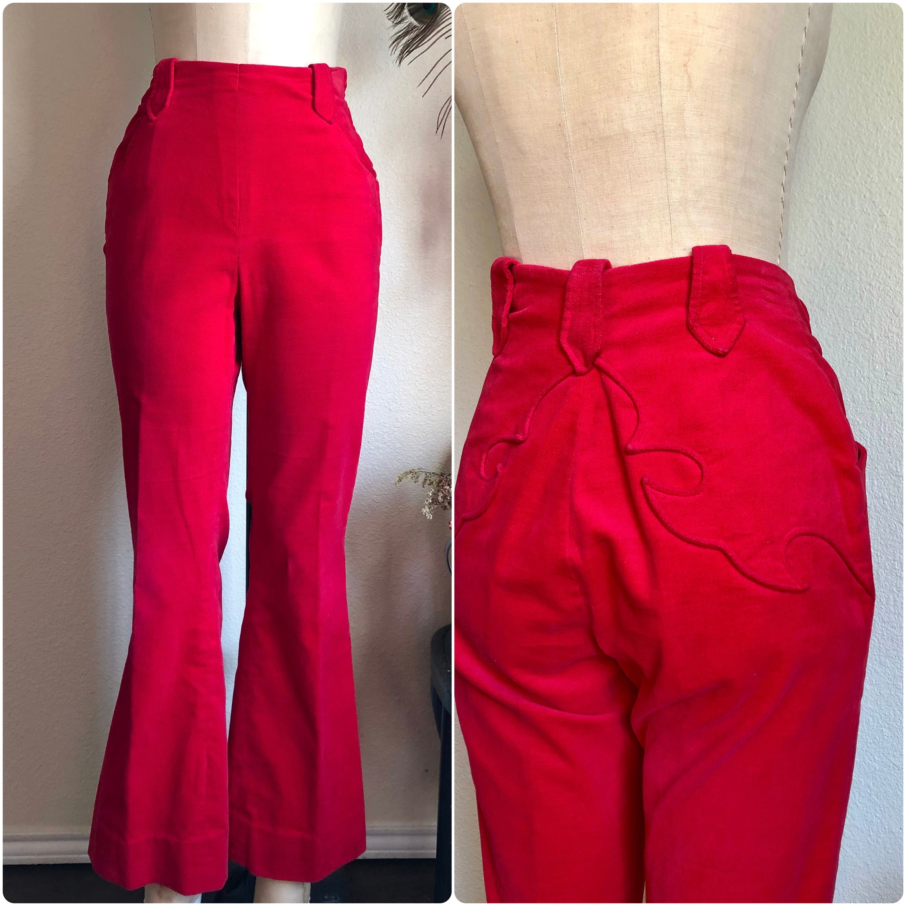 60s/70s Fancy Western Yoke Red Velvet Ranch Pants From Lasso 26 Waist ...