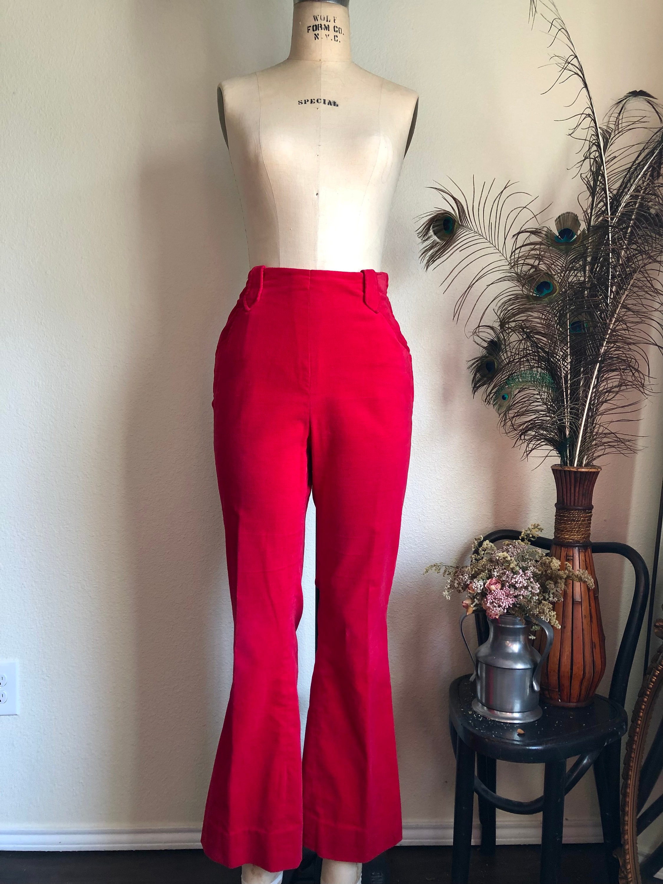 60s/70s Fancy Western Yoke Red Velvet Ranch Pants from Lasso | 26” waist