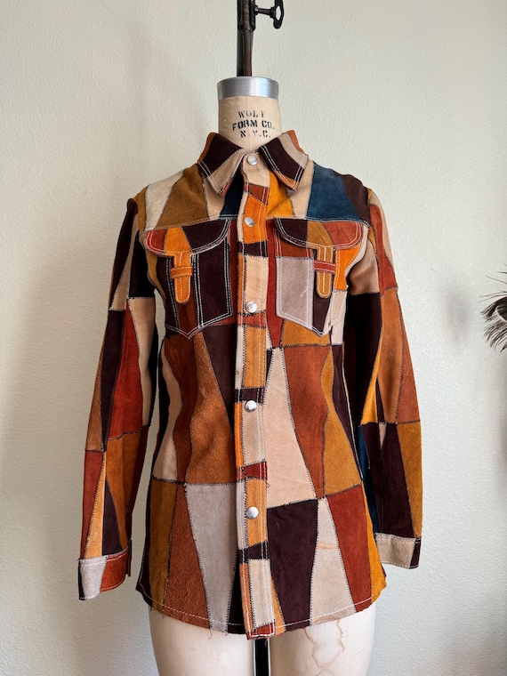 Rare 1970s Vintage Suede Leather Patchwork Jacket | S - Gem